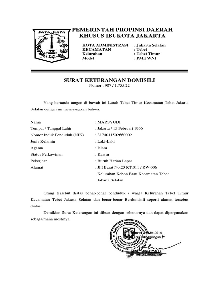 Surat Keterangan Domisili Tebet Selatan | PDF
