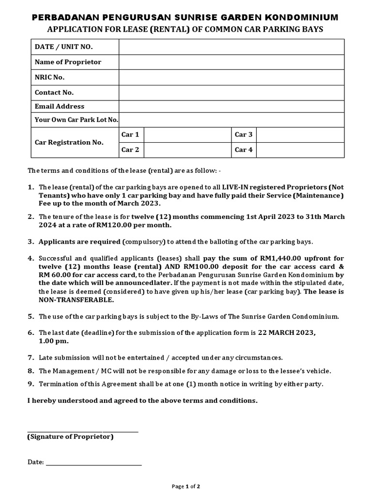 Application Form - Car Park Rental 2023 PDF | PDF | Lease | Renting