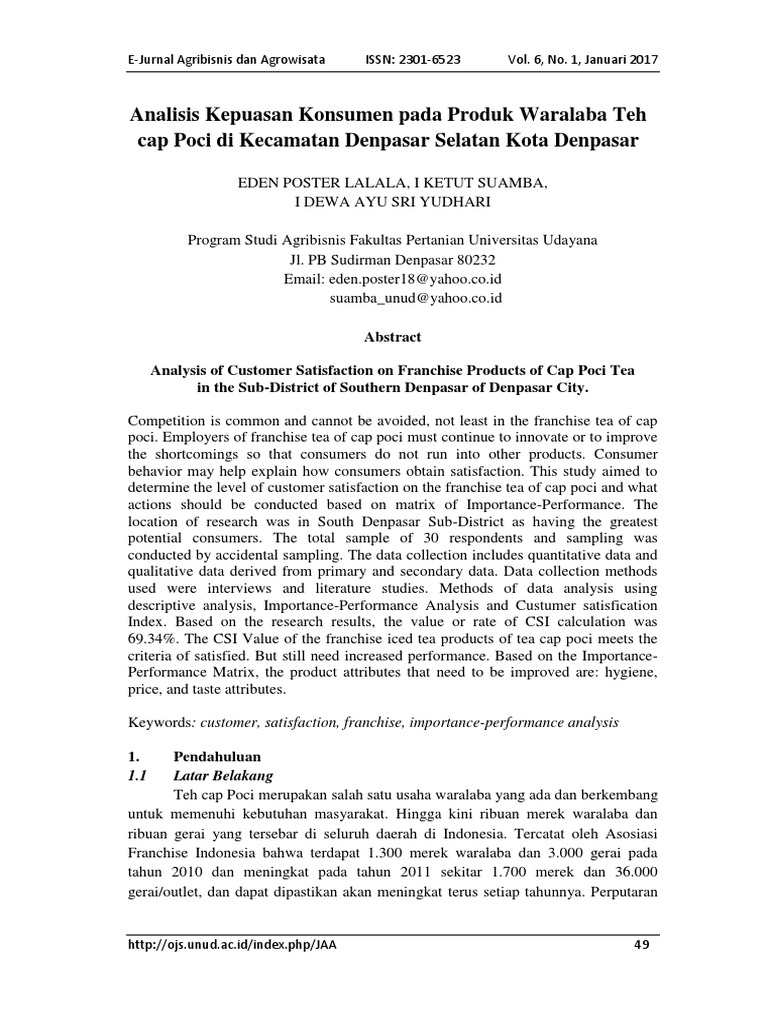 Analisis Kepuasan Konsumen Pada Produk Waralaba Teh Cap Poci Di Kecamatan Denpasar Selatan Kota ...