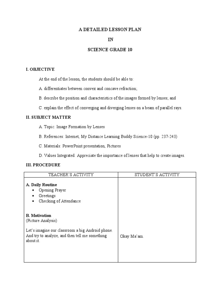 Detailed Lesson PLan - Image Formation by Lenses | PDF ...