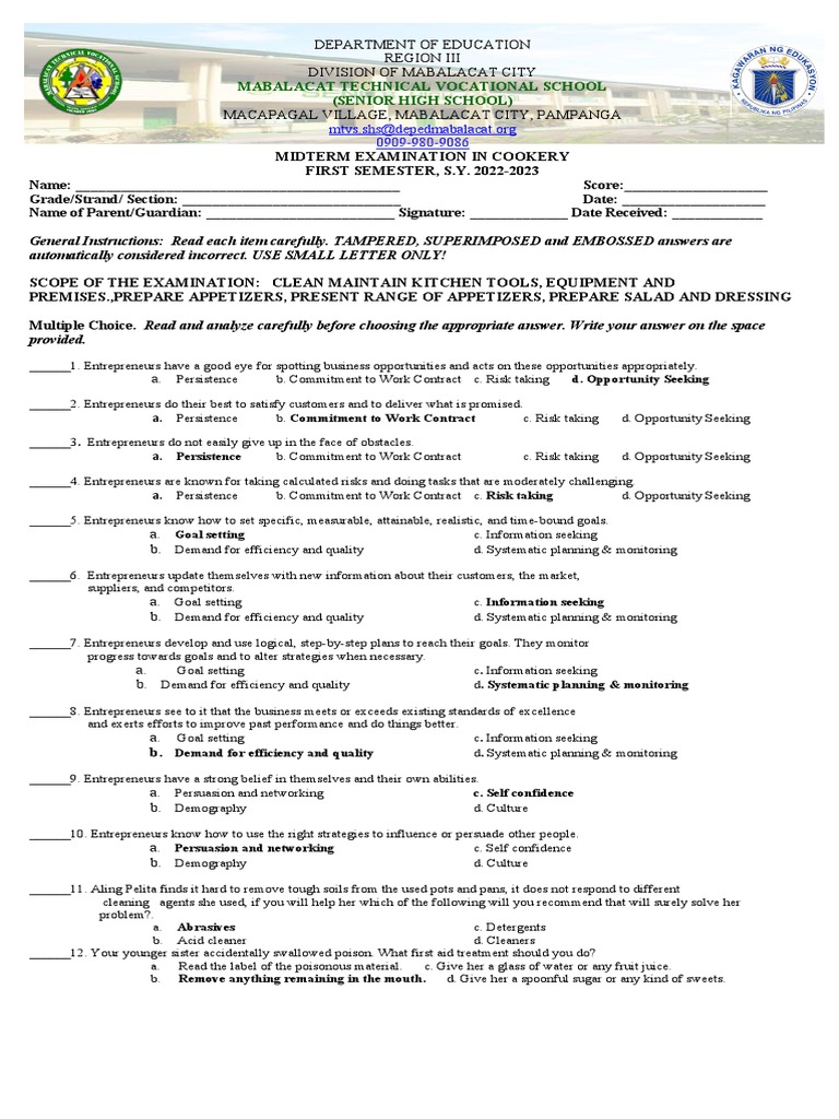 Cookery Midterm Exam | PDF | Salad | Cookware And Bakeware