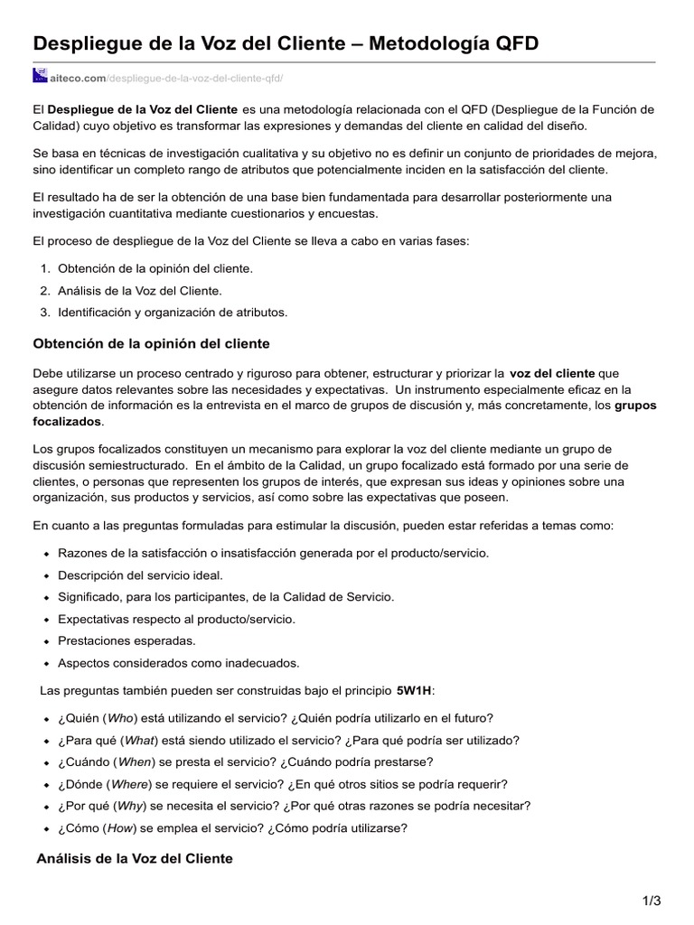 Despliegue de La Voz Del Cliente Metodología QFD | PDF | Cliente | Cuestionario