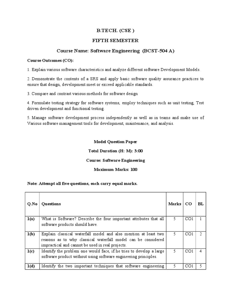 B.TECH. (CSE) Fifth Semester Software Engineering Course | PDF ...