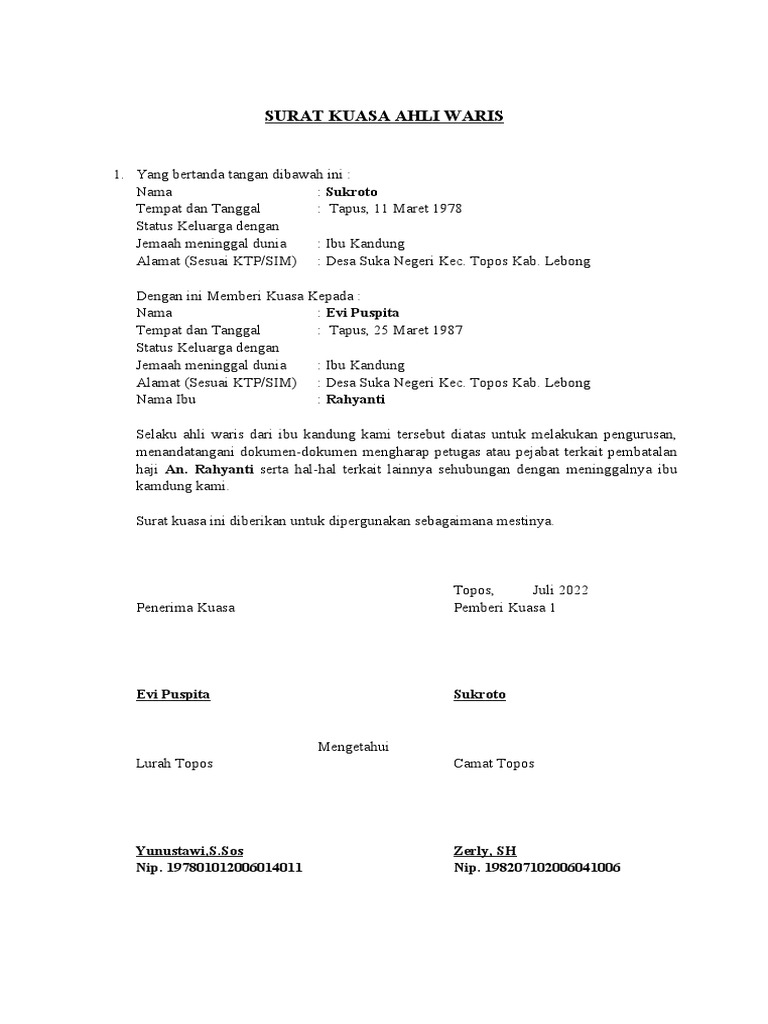 Surat Kuasa Ahli Waris | PDF