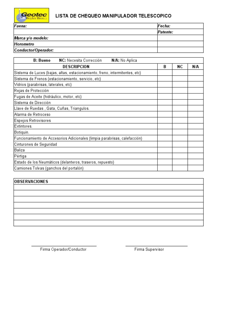 Check List Manipulador Telescopico | PDF | Bienes manufacturados ...