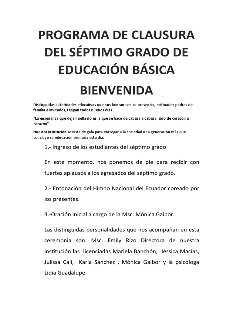 Programa de Clausura Séptimo Grado | PDF