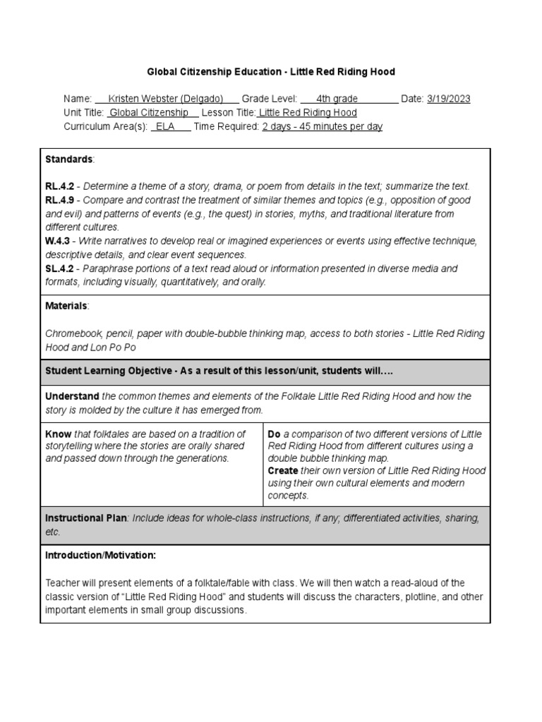 Global Citizenship Lesson Plan - Little Red Riding Hood | PDF ...