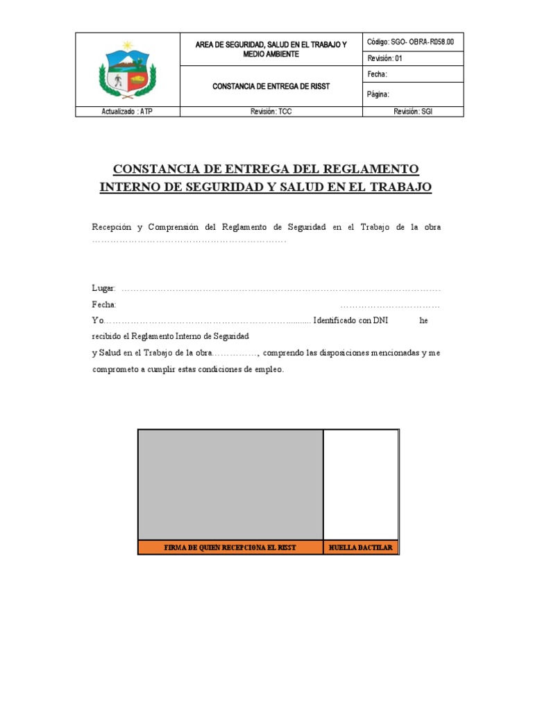 58.SGO-OBRA-R048 - Ver.01-Constancia de Entrega Del RISST | PDF
