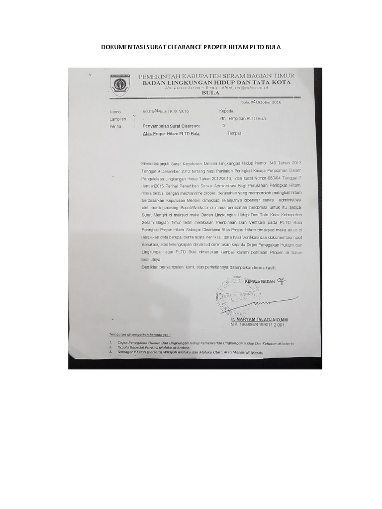 Contoh DOKUMENTASI SURAT CLEARANCE PROPER HITAM PLTD BULA | PDF