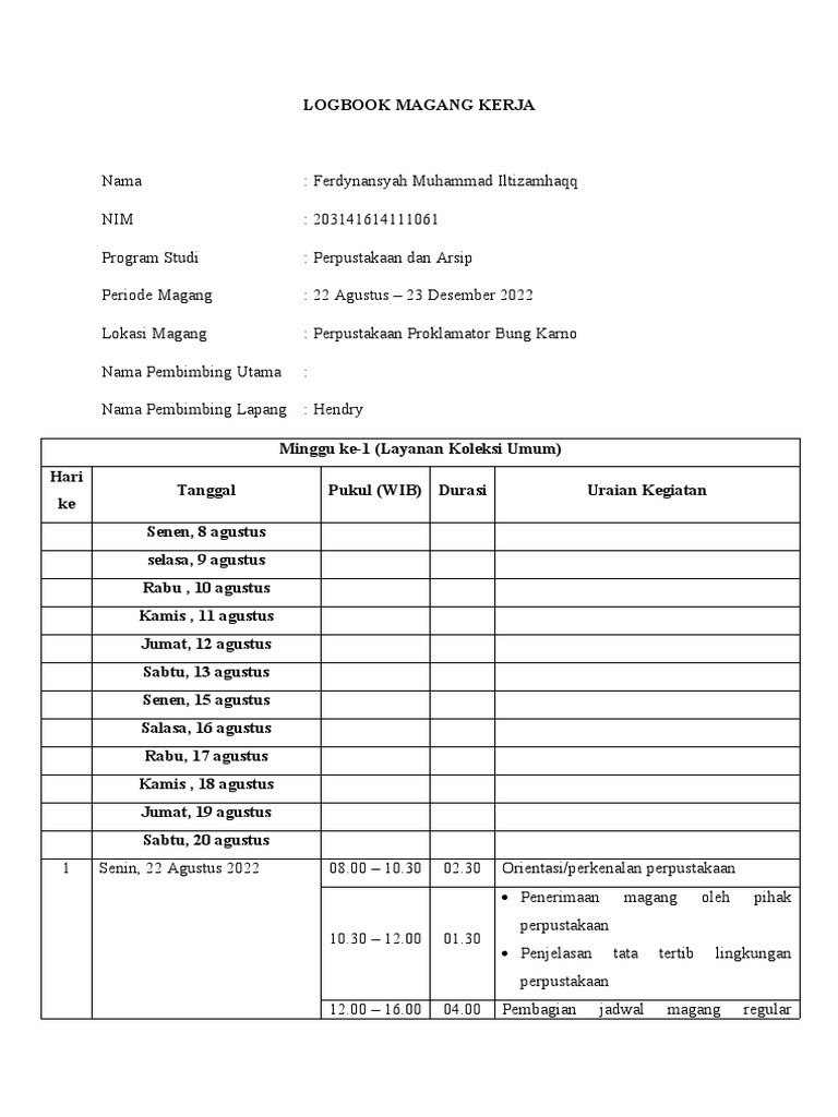 LOGBOOK MAGANG KERJA PERPUSTAKAAN BUNG KARNO - ferdyn-.docx | PDF