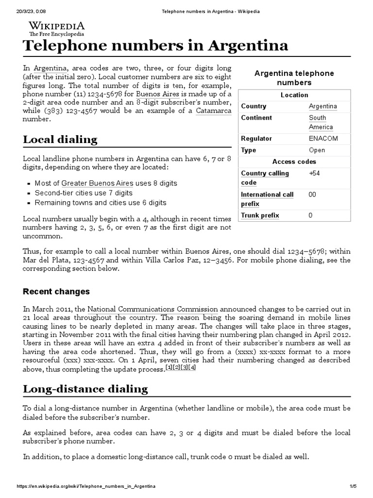 Telephone Numbers in Argentina - Wikipedia | PDF | Telephone Numbering ...