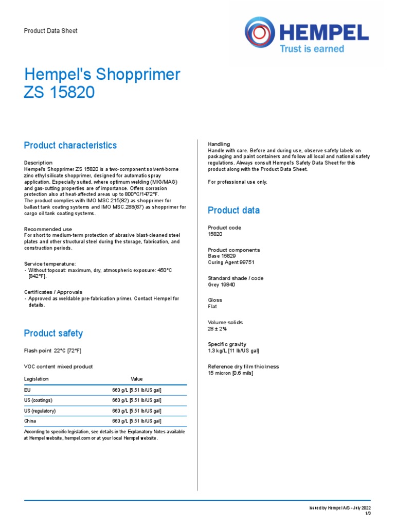 1st Coat - Hempel's Shopprimer ZS 15820 | PDF | Humidity | Shelf Life