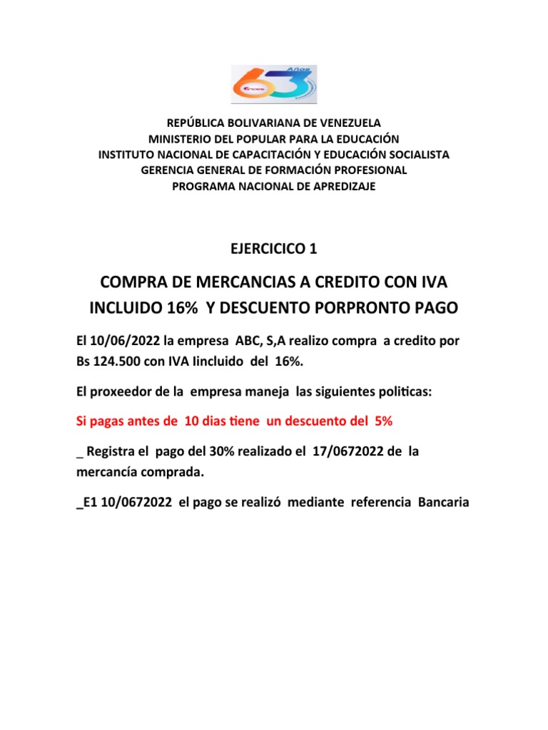 Ejercicio de Compra A Credito de Mercancias Con Iva y Descuento | PDF