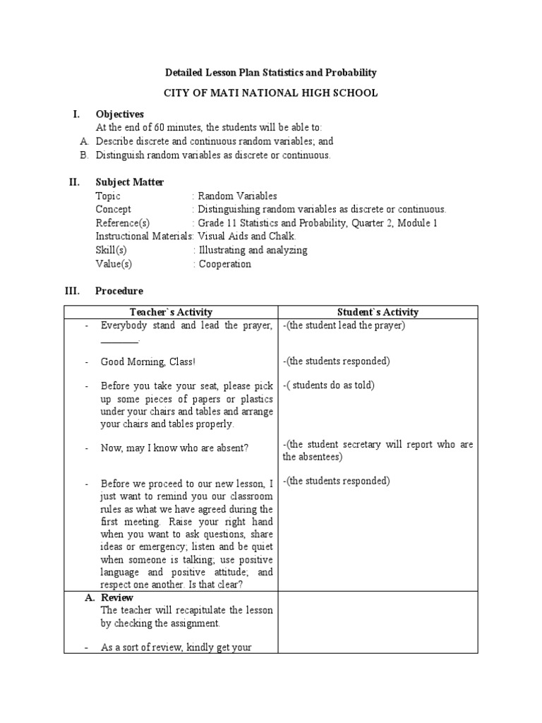 Lesson Plan on Random Variables | PDF | Probability Distribution ...