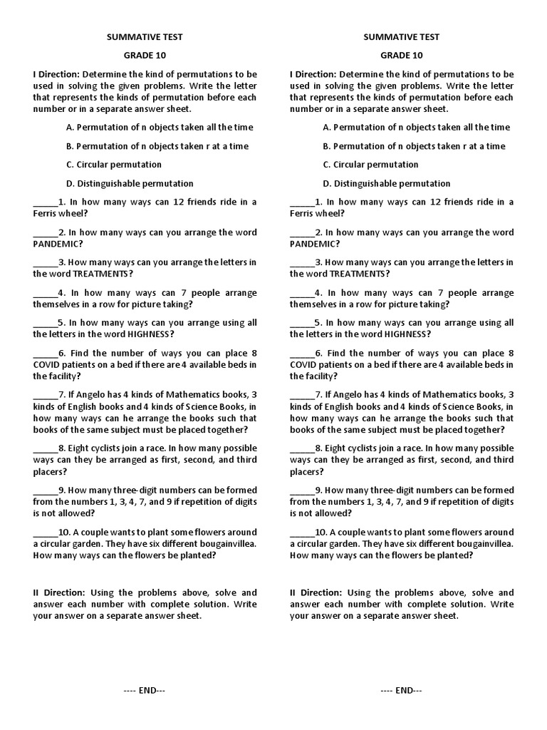 1st SUMMATIVE TEST 1.1 PDF | PDF | Permutation | Mathematics