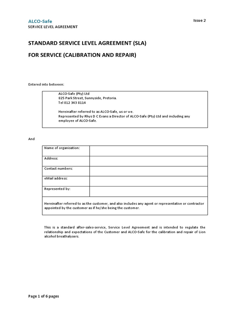 Standard SLA for ALCO-Safe calibration | PDF | Calibration | Payments