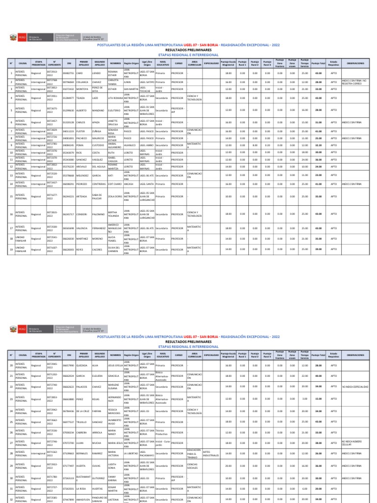 RESULTADOS PRELIMINARES - Reasignación Excepcional - 2022 | PDF