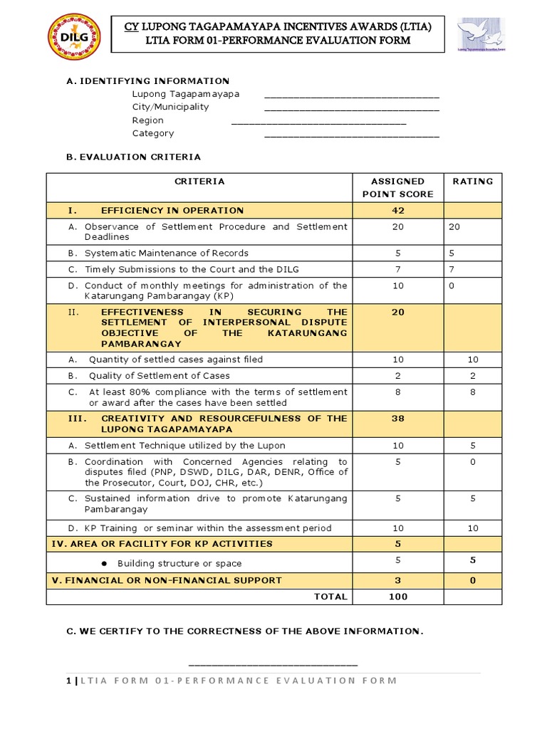 LTIA Performance Evaluation Forms | PDF | Performance Appraisal | Mediation