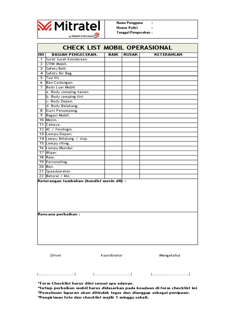 Form Checklist Mobil Operasional | PDF | Teknologi & Rekayasa