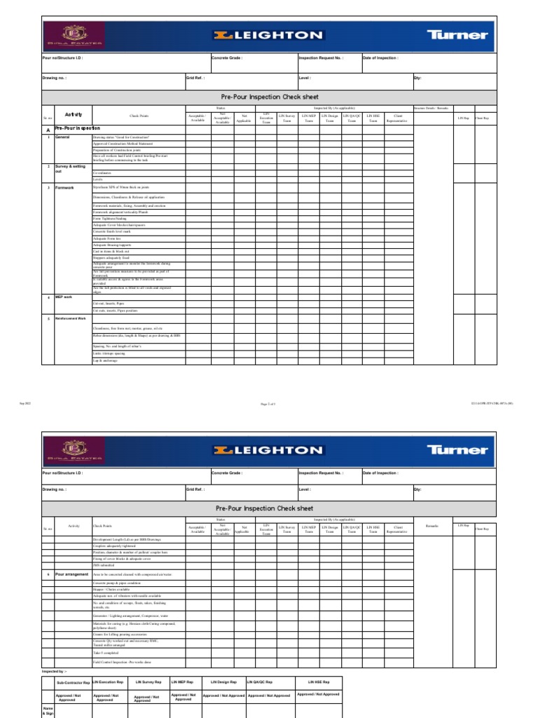 I2114-OPR-ITP-CHK-007A (01) Pour Inspection Checklist - RCC | PDF ...