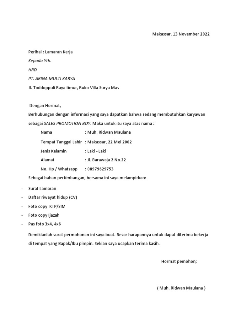 Kepada Yth. HRD - Pt. Arina Multi Karya | PDF