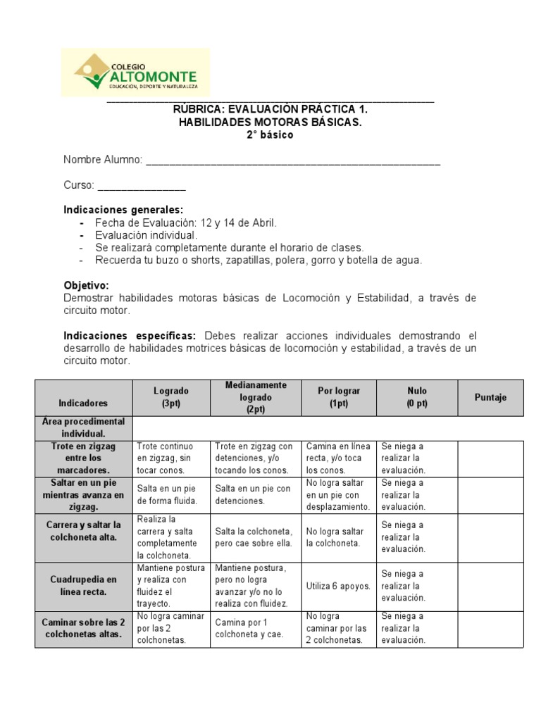 Rúbrica de Evaluación Motriz Básica 2° Básico | PDF