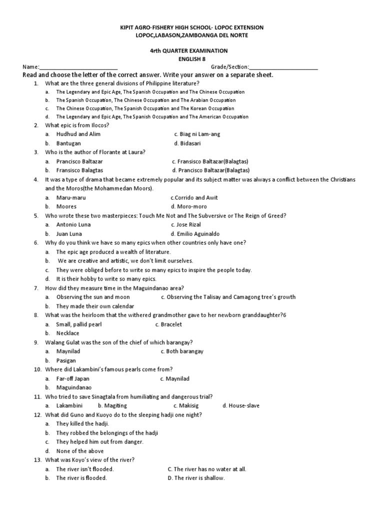 KIPIT AGRO-FISHERY HIGH SCHOOL 4TH QUARTER EXAMINATION: ENGLISH 8 | PDF ...