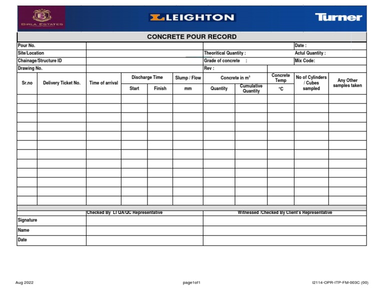 I2114-OPR-ITP-FM-003C (00) - Concrete Pour Record | PDF