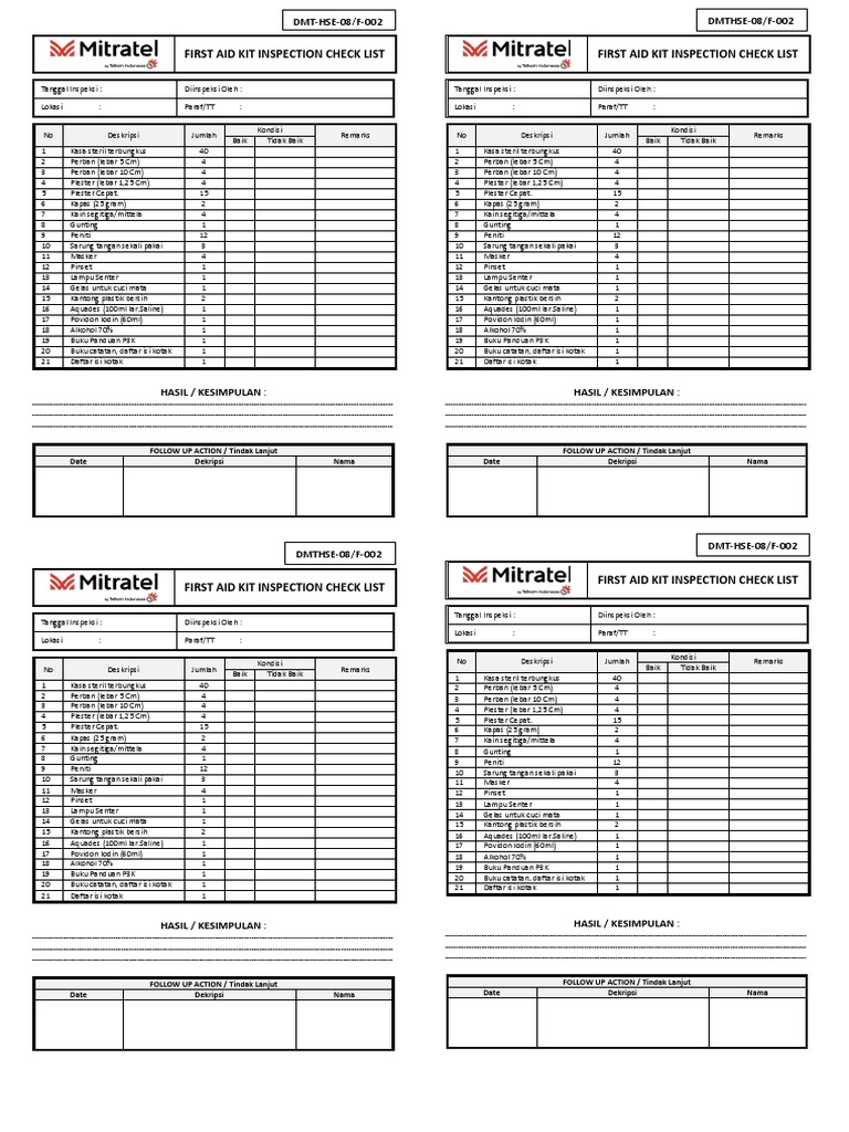 FIRST AID KIT INSPECTION CHECK LIST (B) | PDF