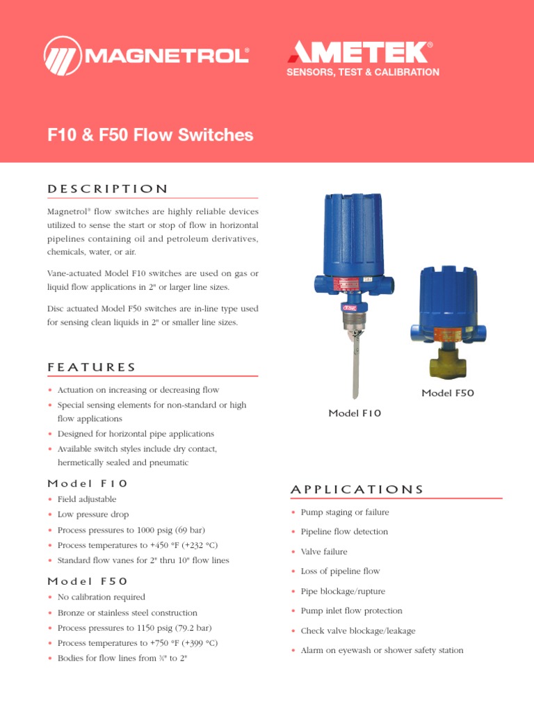 Catalogue Models F10 and F50 Flow Switches | PDF | Valve | Pipe (Fluid Conveyance)