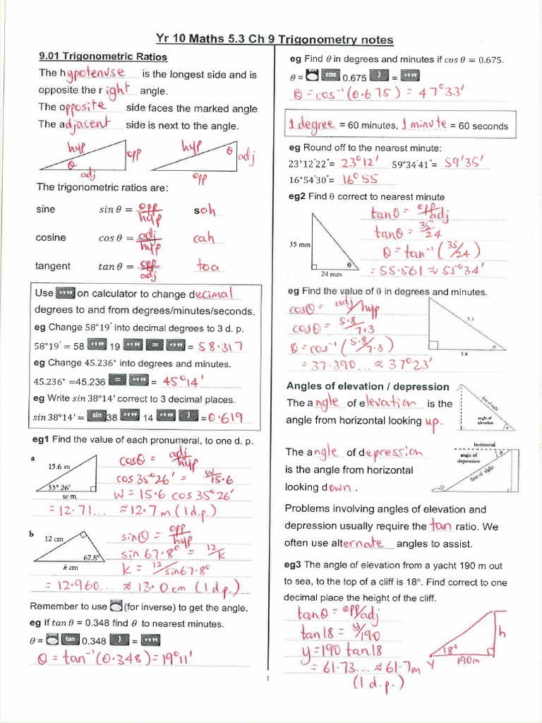 10M3 Ch9 Trigonometry Notes Sol | PDF