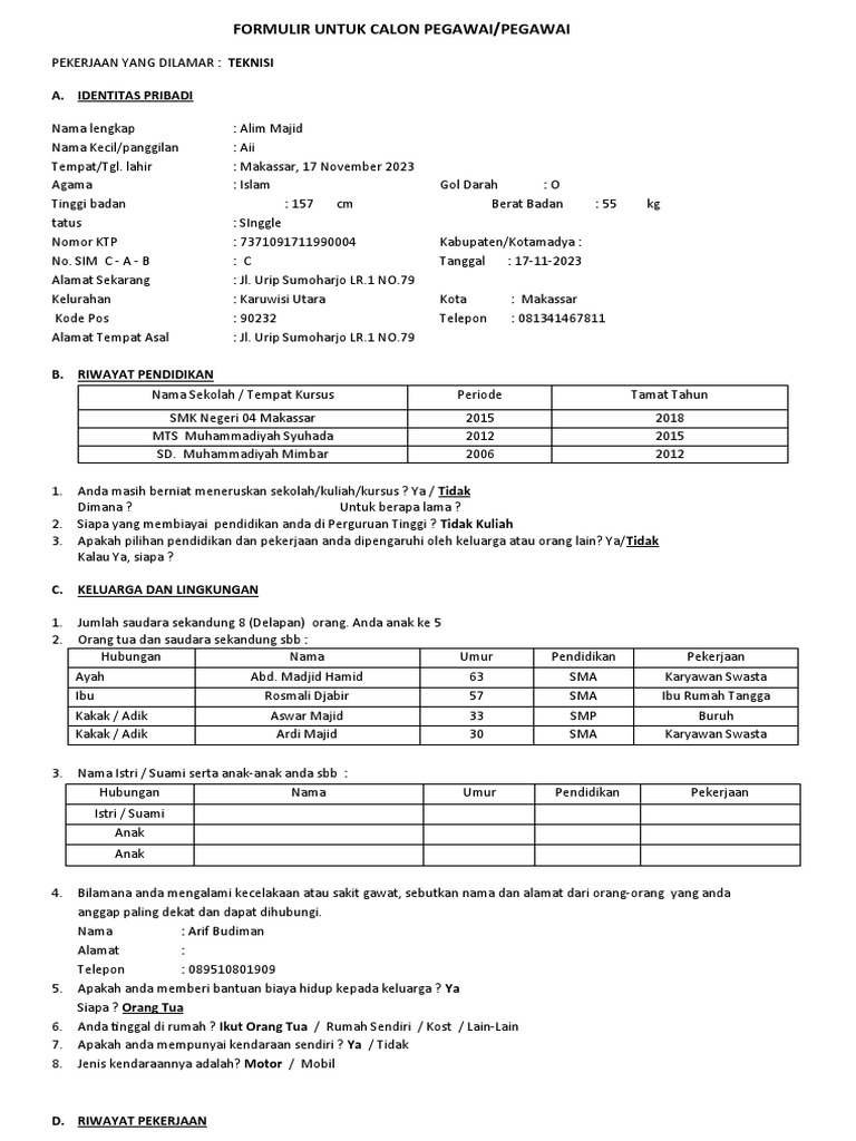 Formulir Untuk Calon Pegawai | PDF