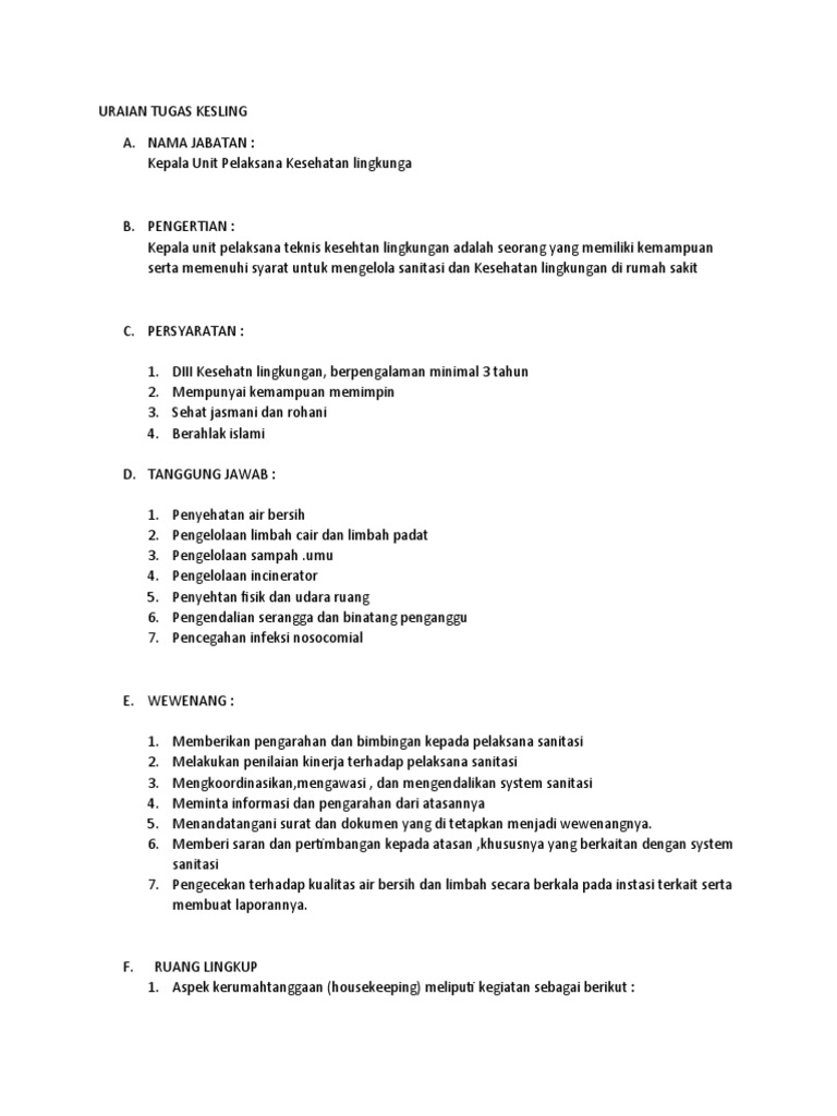 URAIAN TUGAS KESLING | PDF