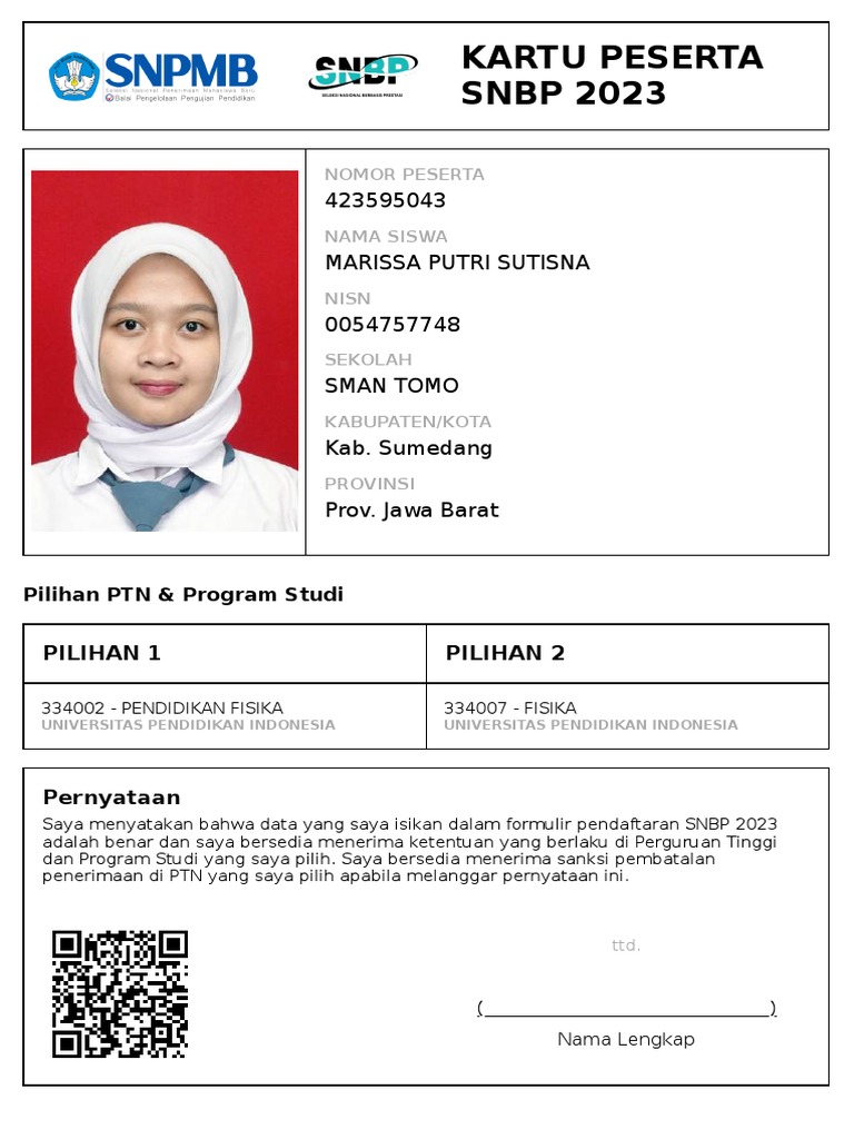 Kartu Peserta SNBP 2023: 423595043 Marissa Putri Sutisna 0054757748 ...