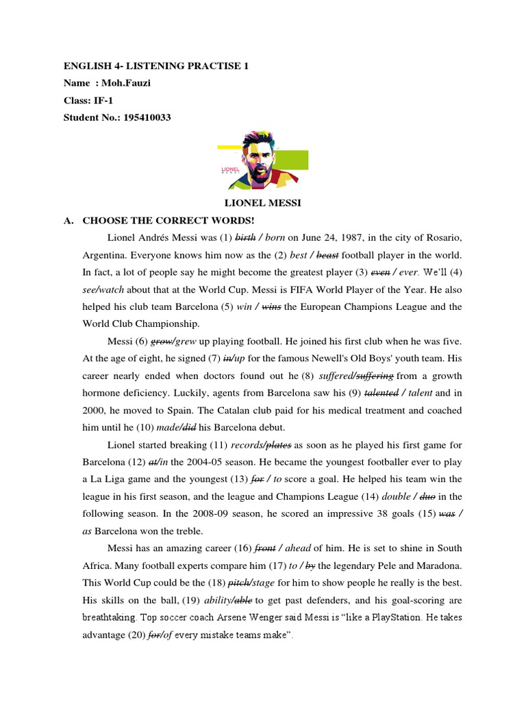 Listening Exercise 1 - Lionel Messi - IF 1 - Friday08 - 195410033 - Moh - Fauzi | PDF | Lionel ...