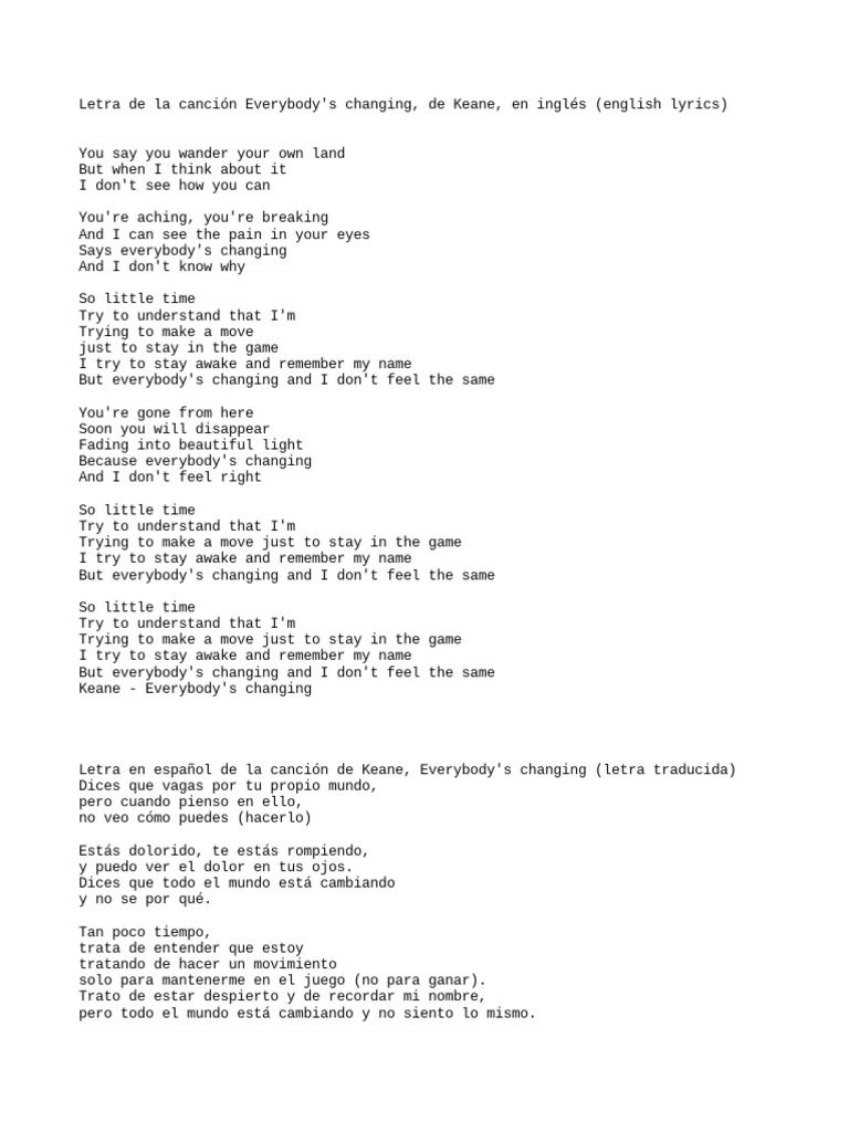 Letra de "Everybody's Changing" de Keane | PDF
