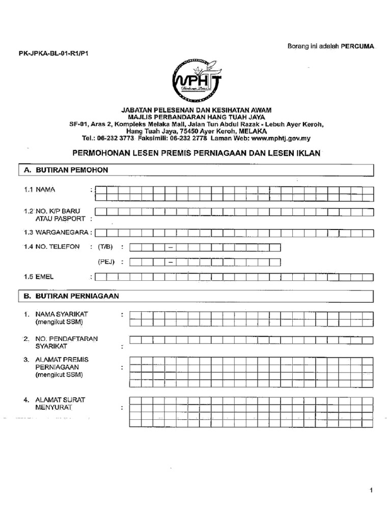 Borang Permohonan Lesen Premis Perniagaan Dan Lesen Iklan MPHTJ | PDF