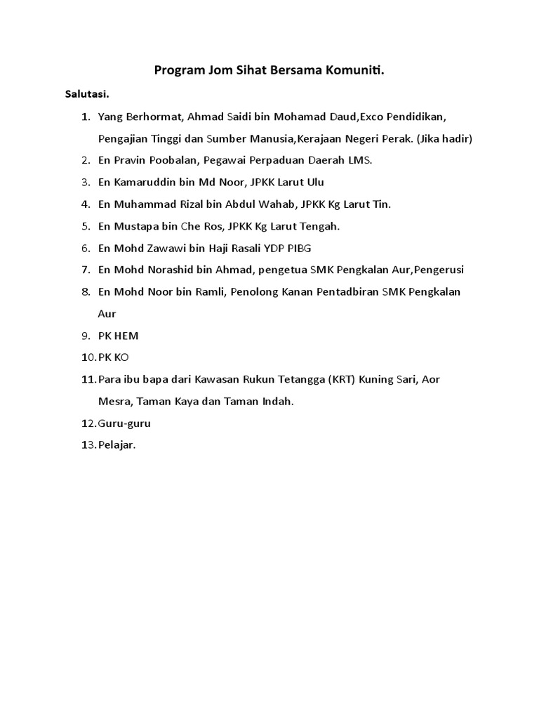 Salutasi Program Jom Sihat Bersama Komuniti | PDF
