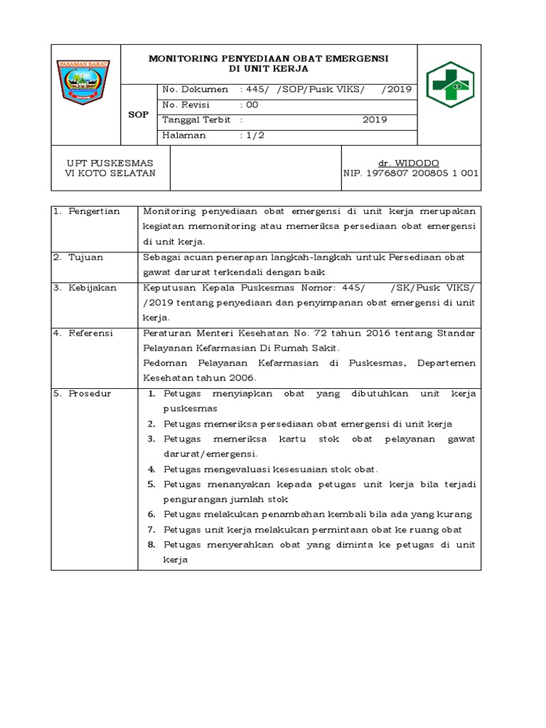EP 3 SOP Monitoring Obat Emergensi Di Unit Kerja | PDF