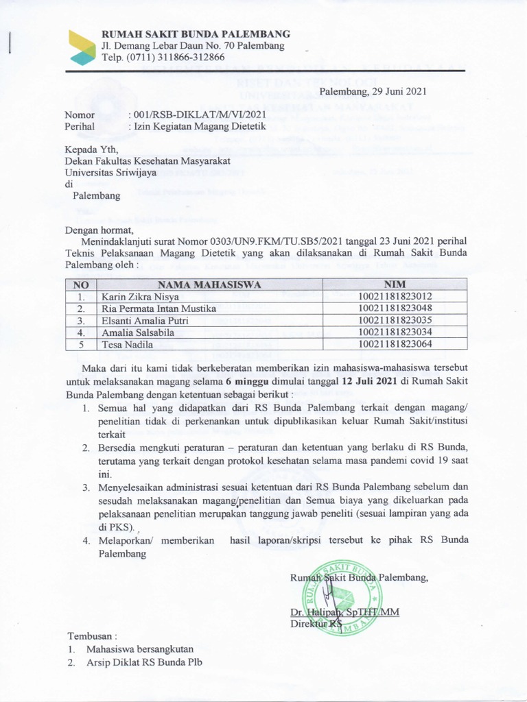 Surat Balasan RS BUNDA Kegiatan Magang128 PDF | PDF