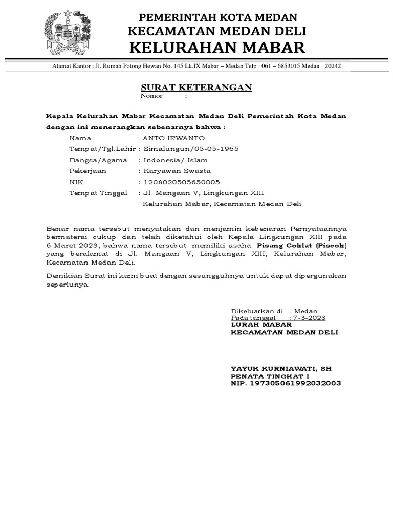 Anto Irwanto SK Lurah - Domisili Usaha PDF | PDF