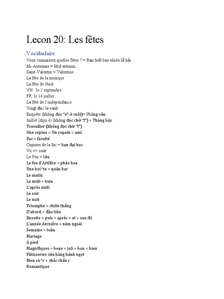 Lecon 20: Les Fêtes: Vocabulaire | PDF