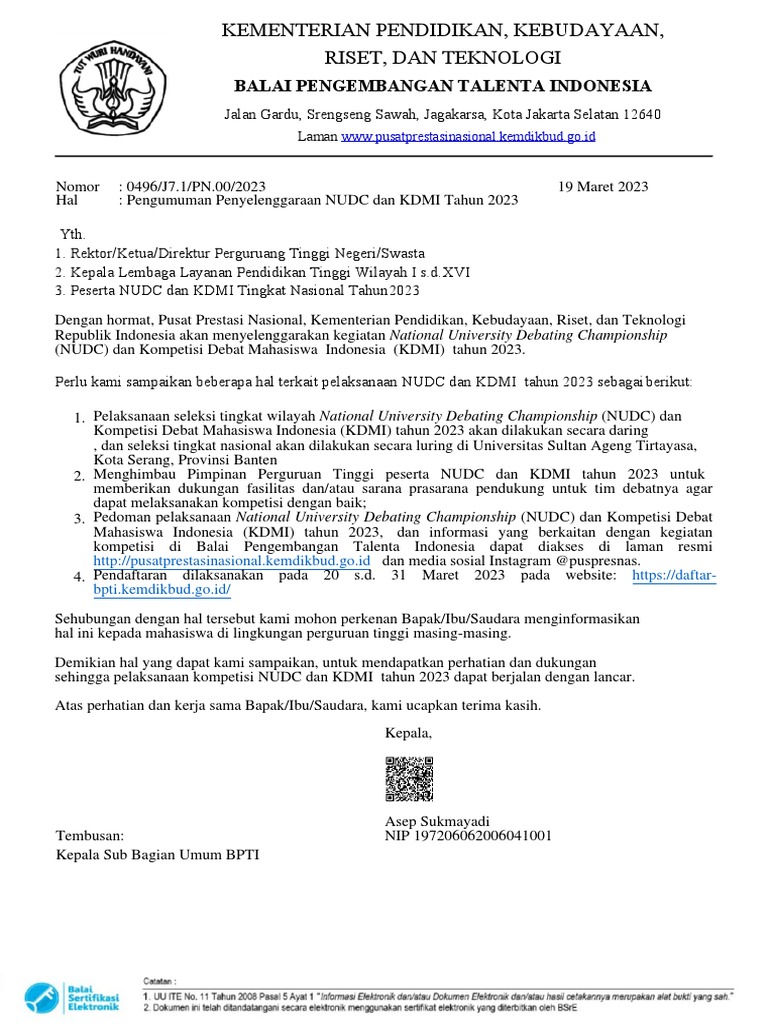 Pengumuman Pelaksanaan NUDC KDMI 2023 | PDF