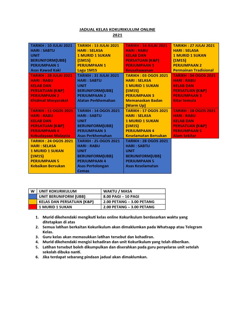 Jadual Kelas Kokurikulum Online | PDF