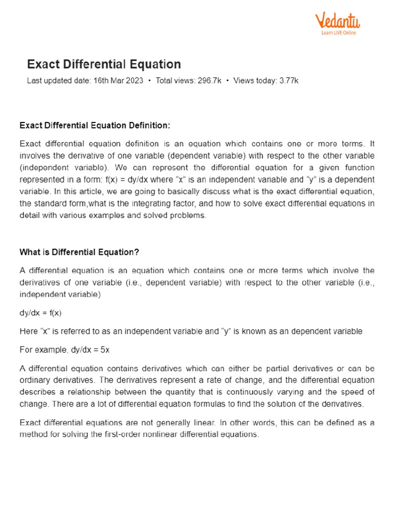 Exact Differential Equation PDF | PDF
