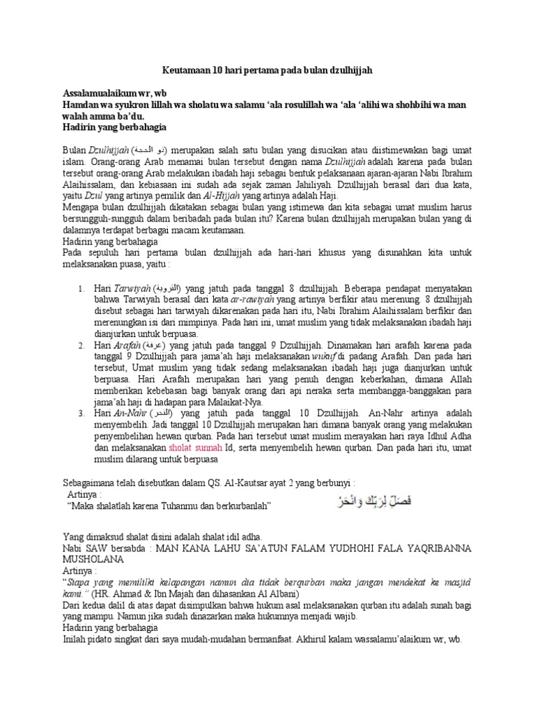 Keutamaan 10 Hari Pertama Pada Bulan Dzulhijjah | PDF
