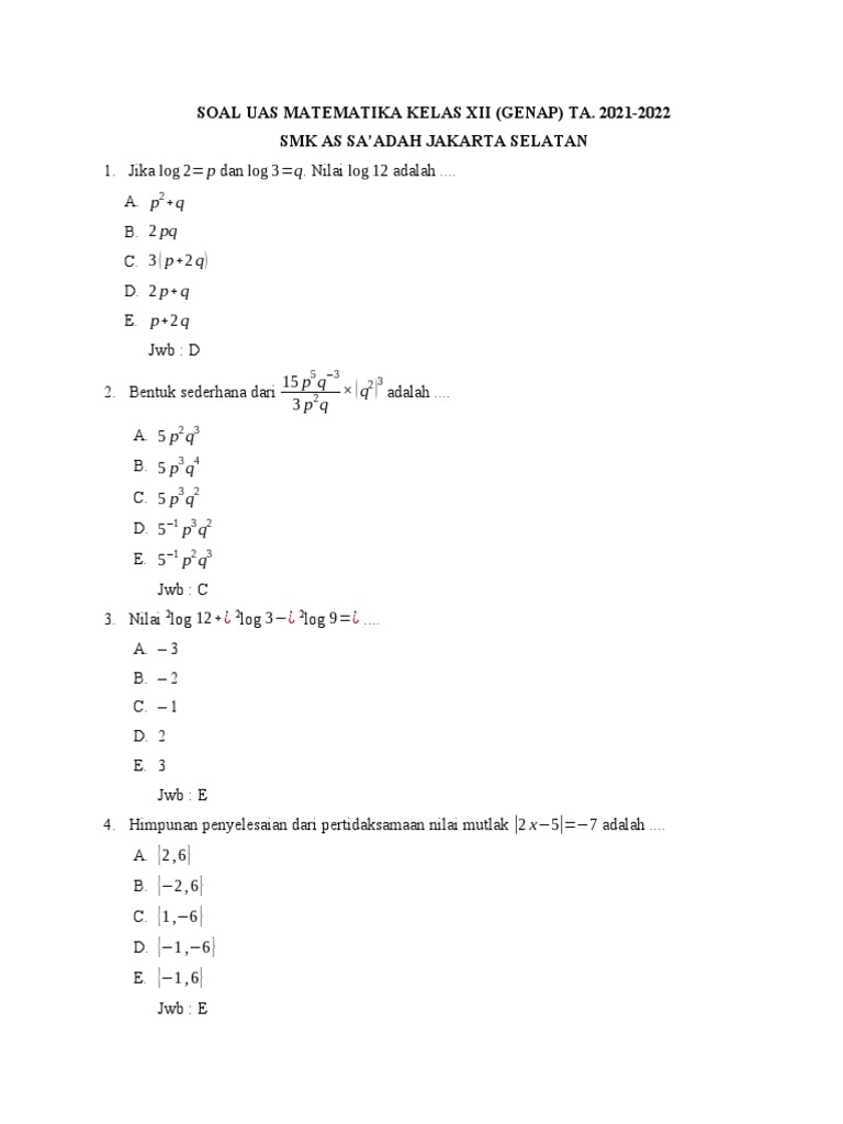 Soal MTK UAS Kelas XII (Genap) | PDF