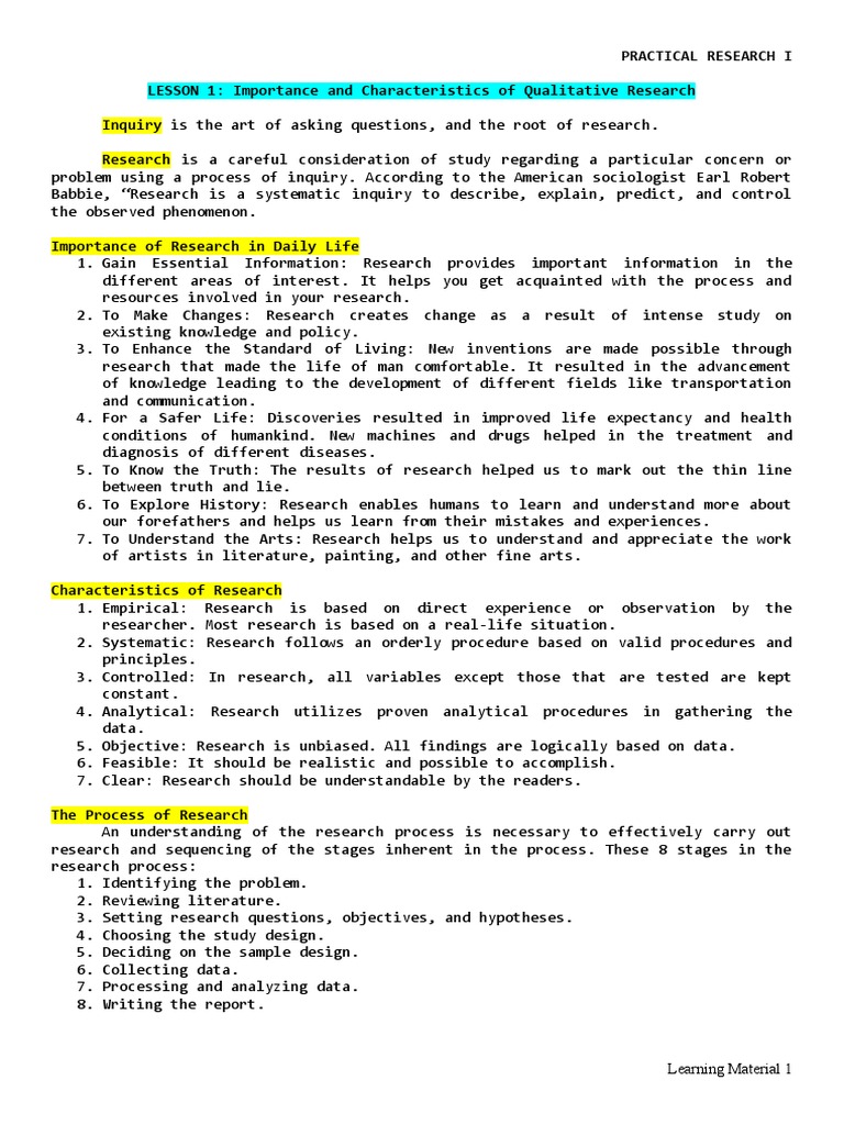 Practical Research 1: Nature, Characteristics, Strengths, Weaknesses, and Ethics of Research ...