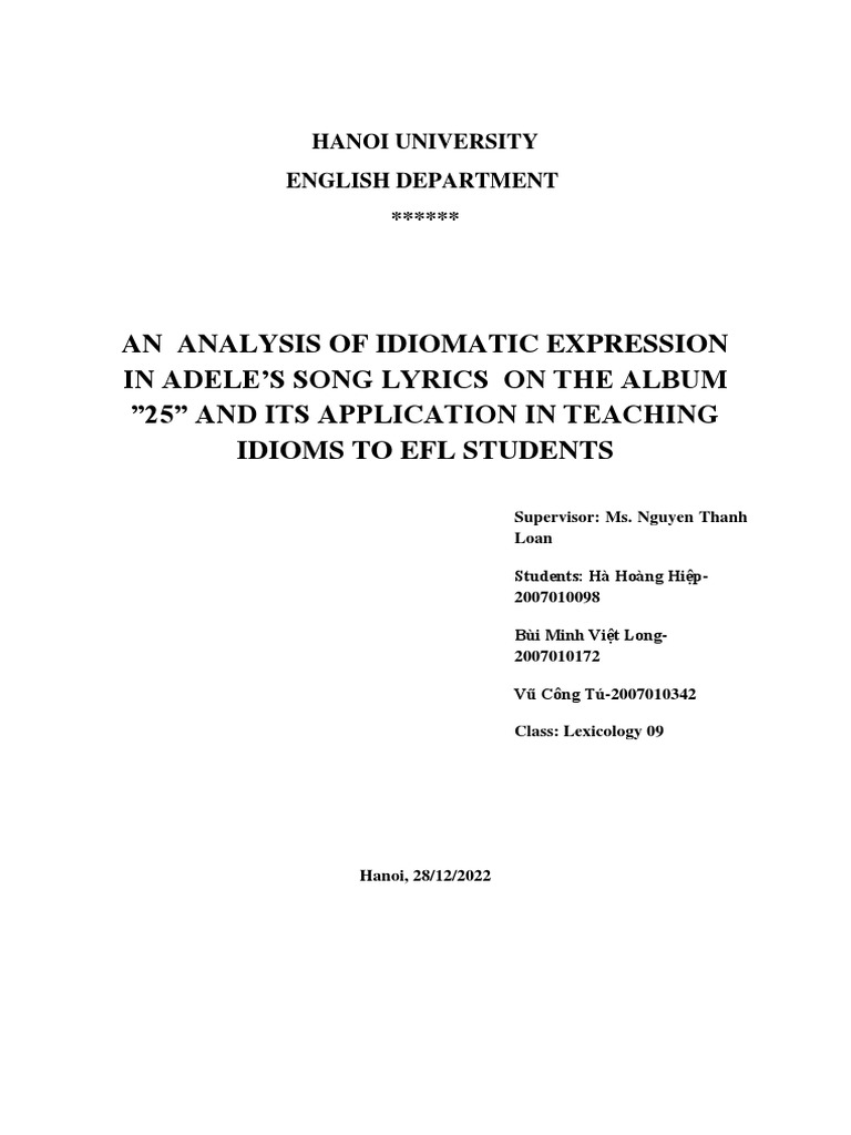 An Analysis of Idiomatic Expression in Adeles Song Lyrics On The Album ...