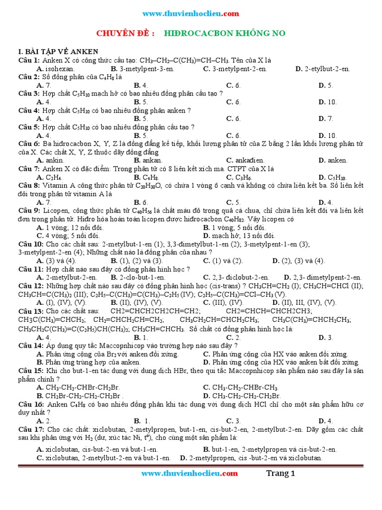 Bai Tap Chuyen de Hidrocacbon Khong No | PDF